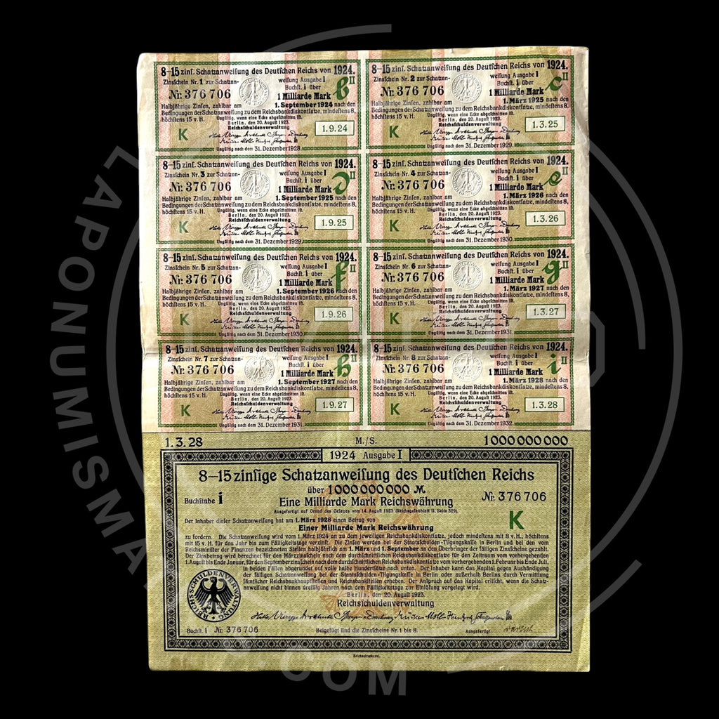 1924 Schatzanweifung des Deutfchen Reichs Bond – 8.15% – 1 Billion Mar ...